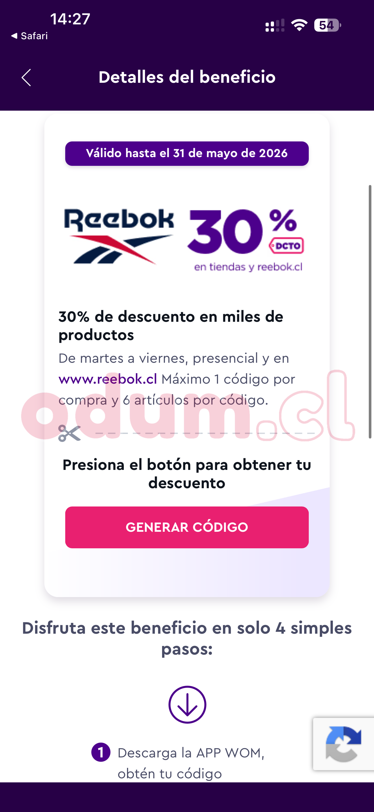 CUPONES🏷️ - 30%Dcto Reebok con Wom | odum.cl | Ofertas de Último Minuto